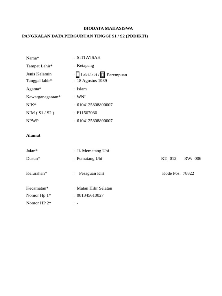 Contoh Isian Formulir Biodata Mahasiswa PPG 2025 | PDF