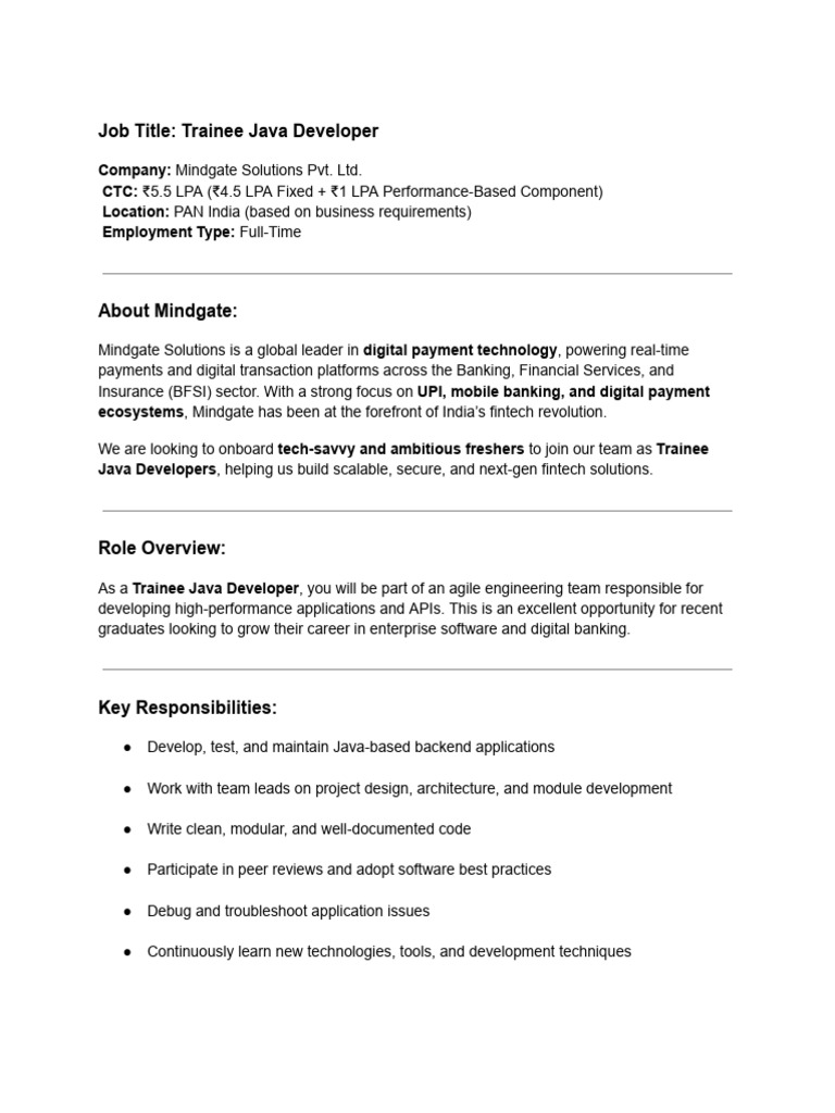 Mindgate - Trainee Java Developer | PDF
