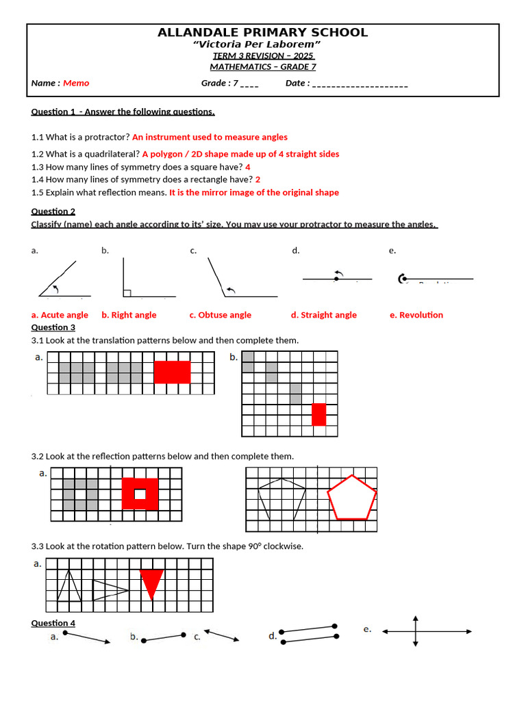 Grade 7 Mathematics Revision Guide | PDF | Shape | Angle
