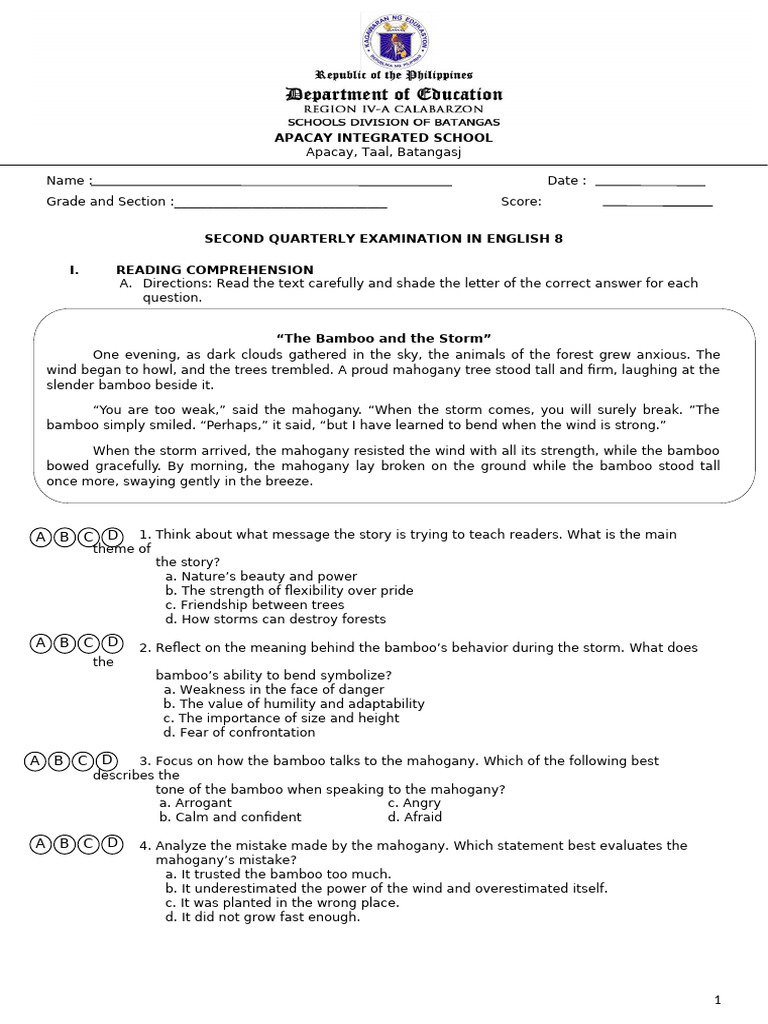 English 8 Quarterly Exam: Reading & Analysis | PDF | Evidence | Argument