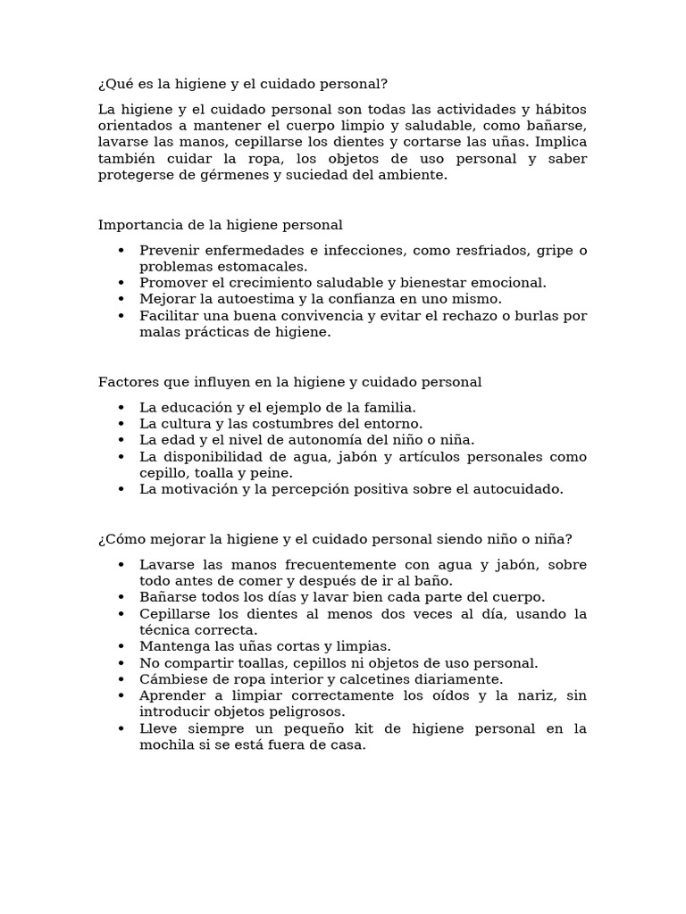 Qué Es La Higiene y El Cuidado Personal | PDF