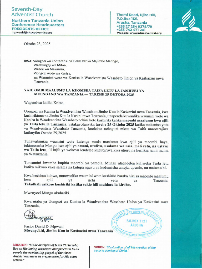 Maombi Malumu Kwa Taifa Letu - 2025 | PDF