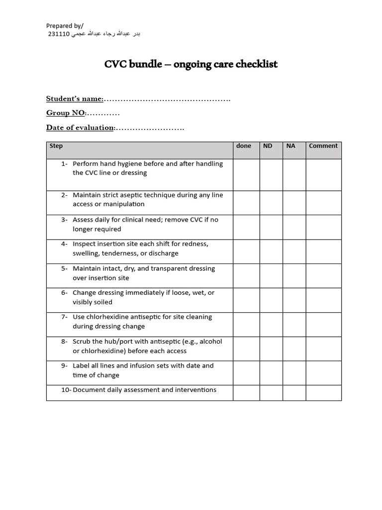 CVC Bundle Care Checklist | PDF