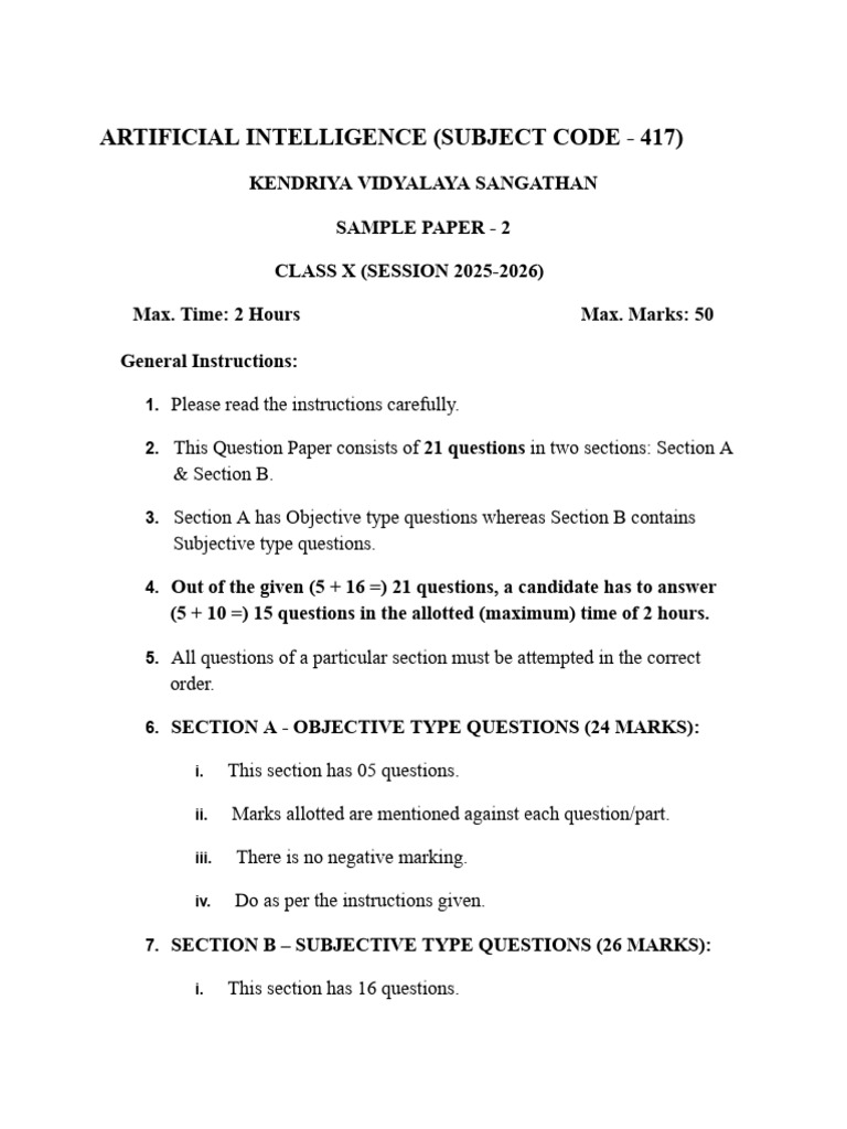 Class X AI Sample Paper 2025-2026 | PDF | Artificial Intelligence ...