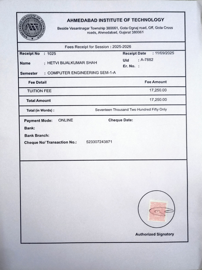 Tuition Fee Receipt for Computer Engineering | PDF