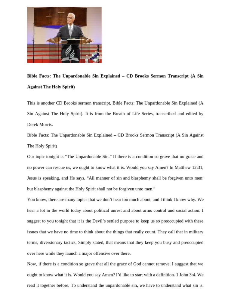 Bible Facts The Unpardonable Sin Explained CD Brooks Sermon Transcript ...