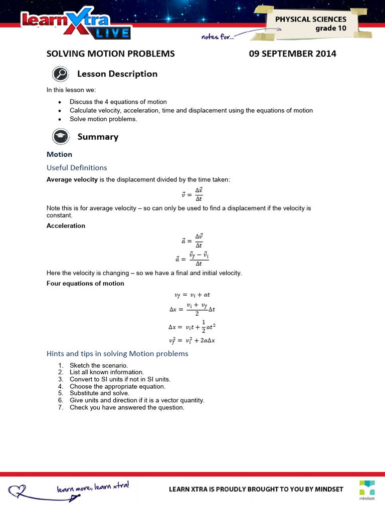 LXL Gr10PhysicalSciences 28 Solving Motion Problems 09sep2014 | PDF ...