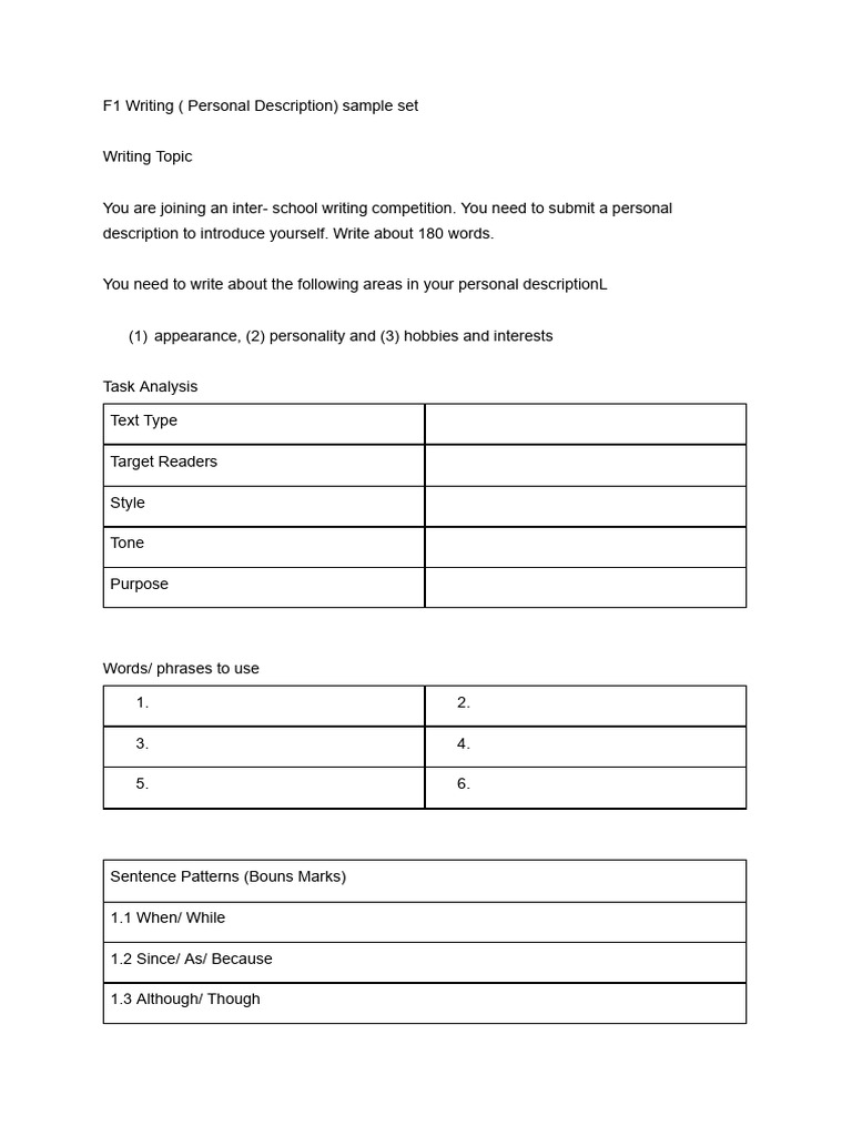 F1 Writing: Personal Descriptions Guide | PDF
