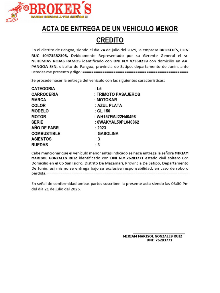 Acta de Entrega de Motokar 2023 | PDF