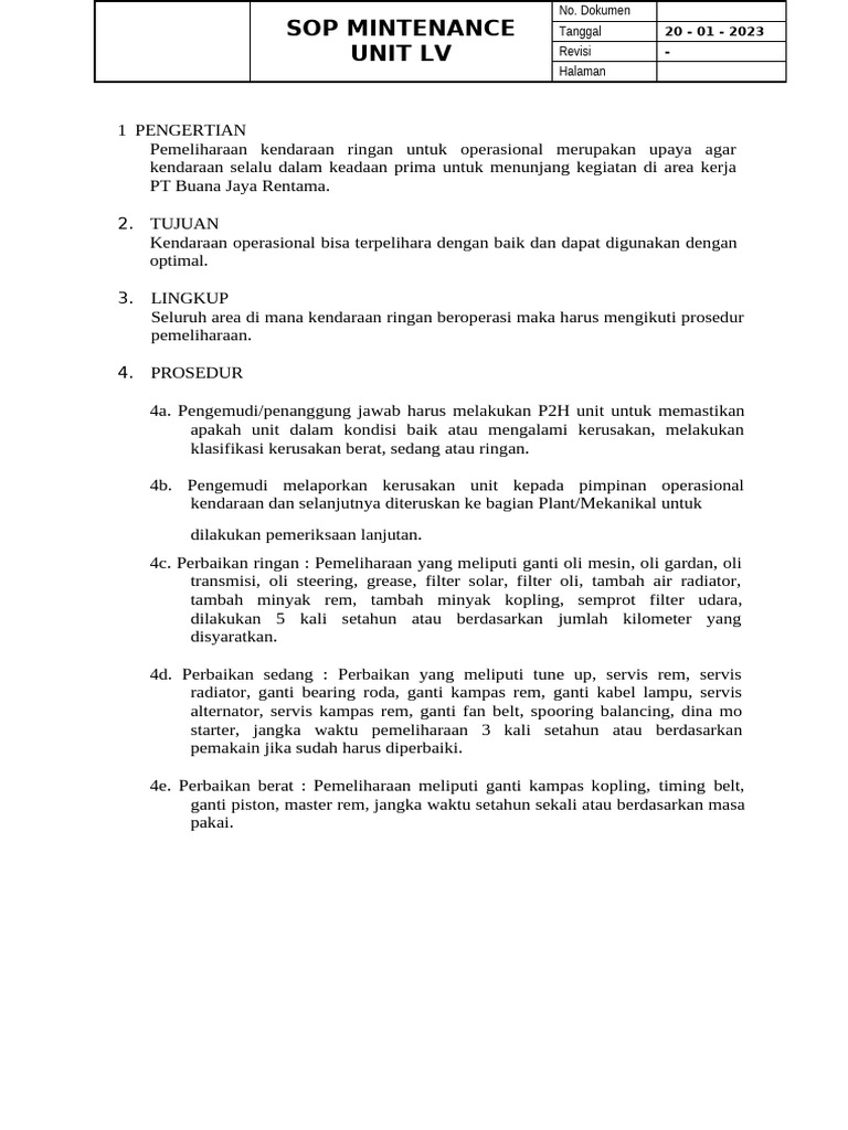 SOP Pemeliharaan Kendaraan Ringan | PDF