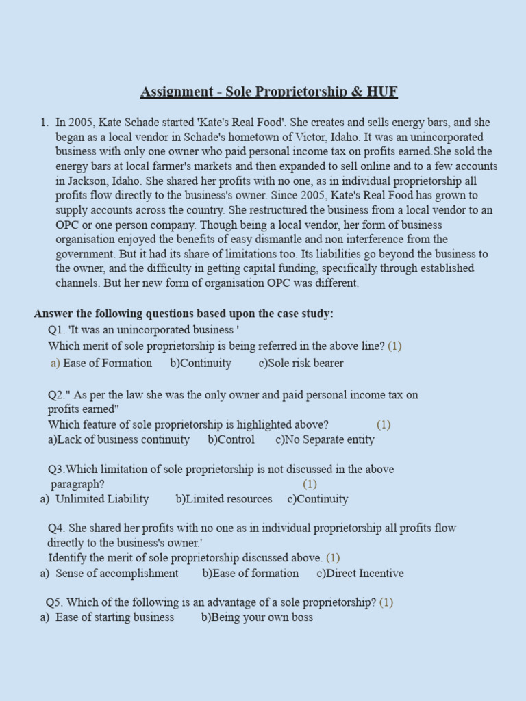 Assignment Sole Proprietorship & HUF | PDF | Sole Proprietorship | Business Economics