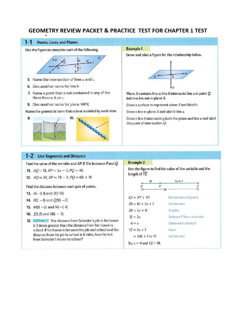 Geometry Review Packet For Chapter 1 Test | PDF