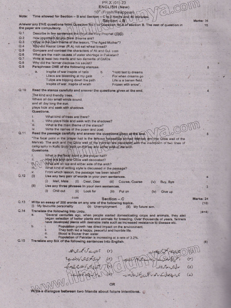 Past Paper 2023 Peshawar Board Class 10th English Subjective | PDF