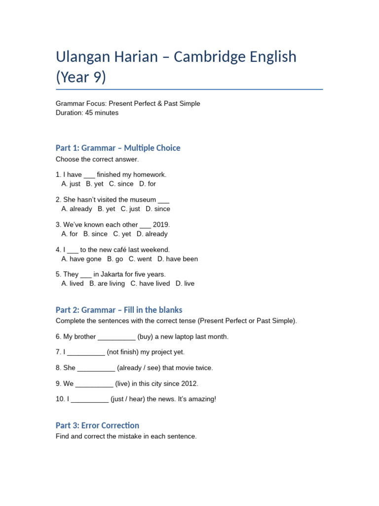 Year 9 Grammar: Present Perfect Test | PDF