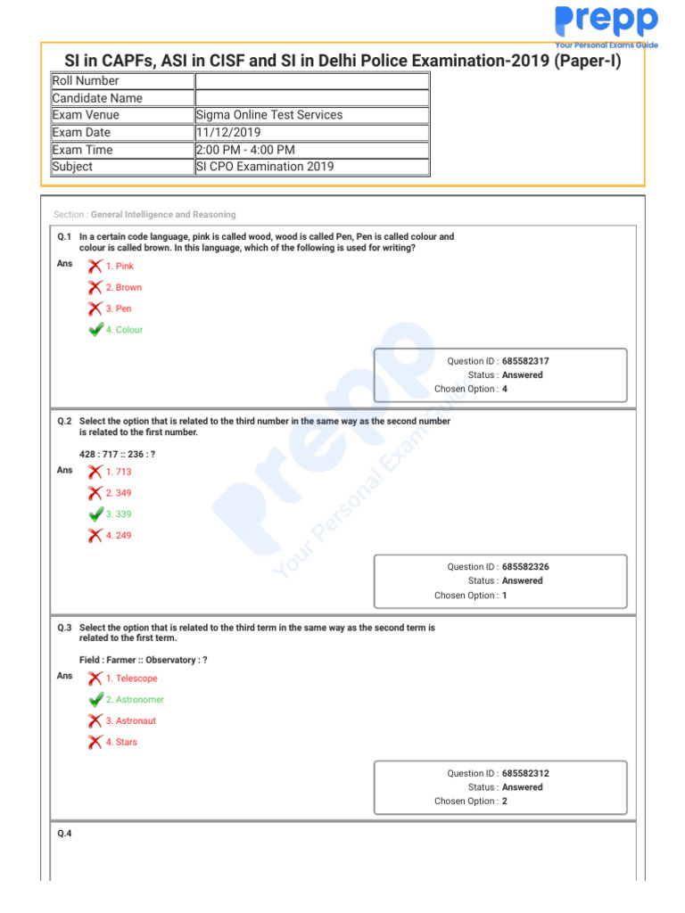 Delhi Police SI Question Paper December 11 2019 Shift 2 | PDF | Question