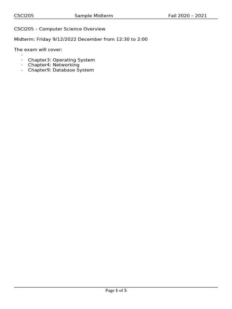 CSCI205 Midterm Sample Questions | PDF | Databases | Operating System
