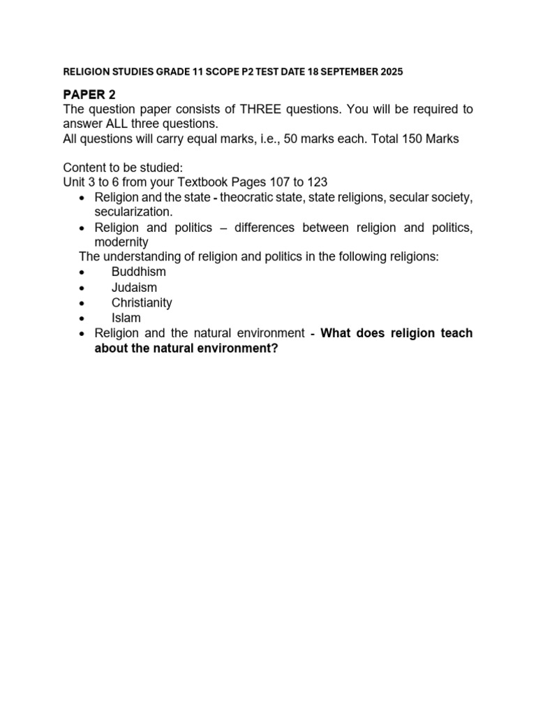 Grade 11 Religion Studies Paper 2 Scope | PDF