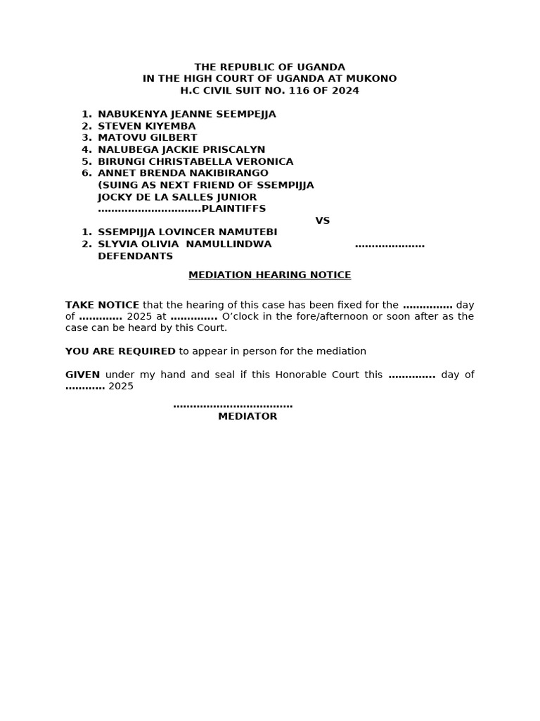 Mediation Hearing Notice Nabukenya | PDF