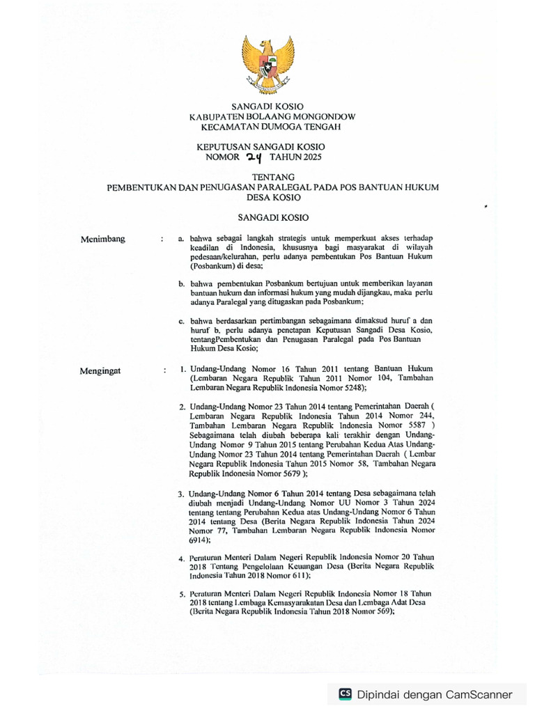 SK Nomor 24 Tentang Pembentukan Dan Penugasan Paralegal Pada Pos Bantuan Hukum Desa Kosio Tahun ...
