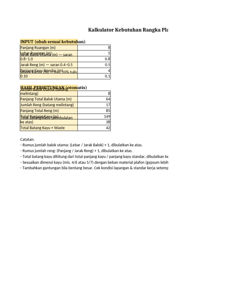 Kalkulator Rangka Plafon Kayu | PDF