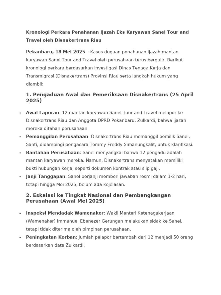 Kronologi Perkara Penahanan Ijazah Eks Karyawan Sanel Tour and Travel ...