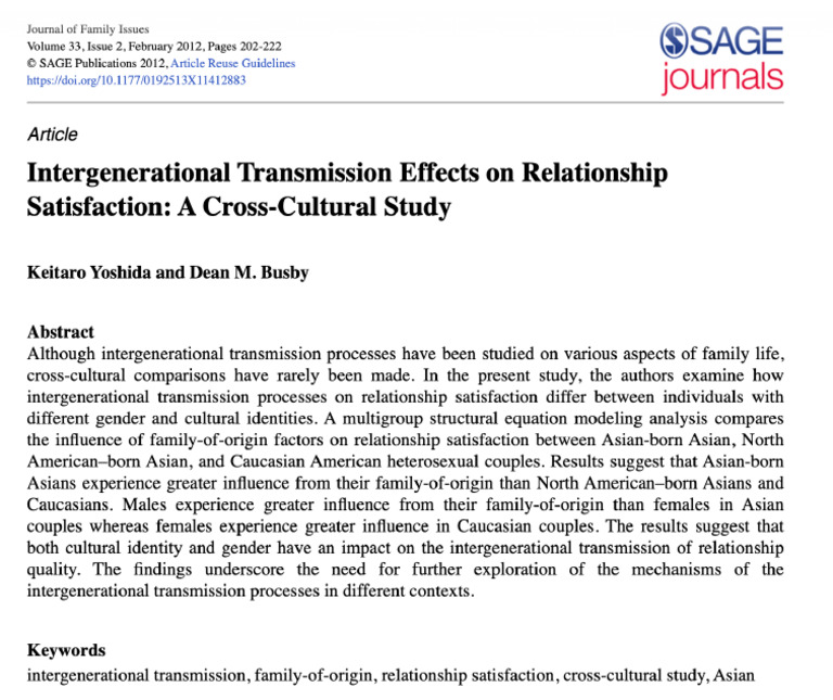 Intergenerational Transmission Effects On Relationship Satisfaction 10 ...