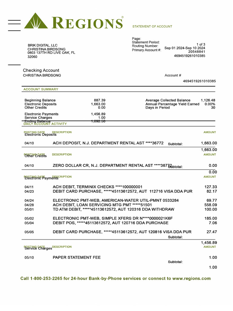 Regions Account Statement | PDF