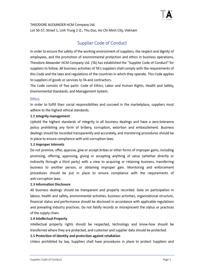 Supplier Code of Conduct Overview | PDF | Occupational Safety And ...