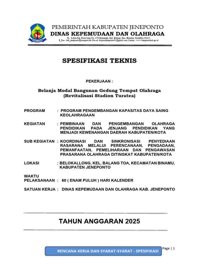 Spesifikasi Teknis: Dinas Kepemudaan Dan Olahraga | PDF