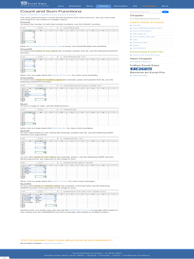 Count and Sum Functions in Excel (In Simple Steps) | PDF | Microsoft ...