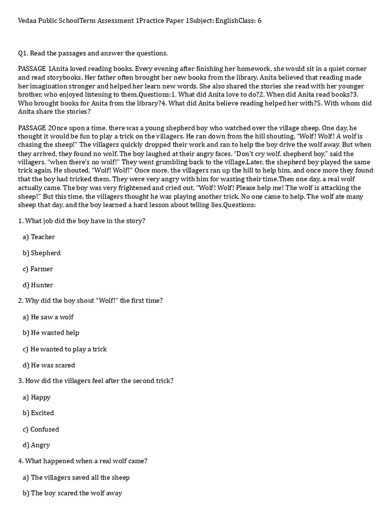 English Practice Paper for Class 6 | PDF
