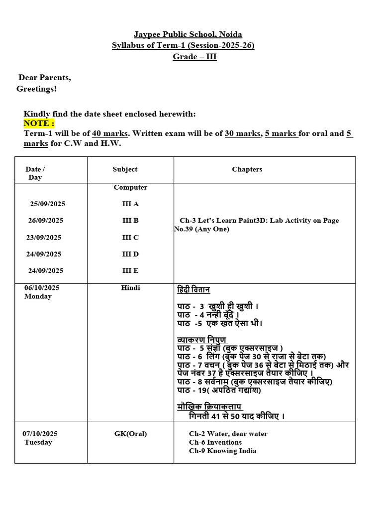 Grade III Term-1 Syllabus 2025-26 | PDF | Multiplication | Noun