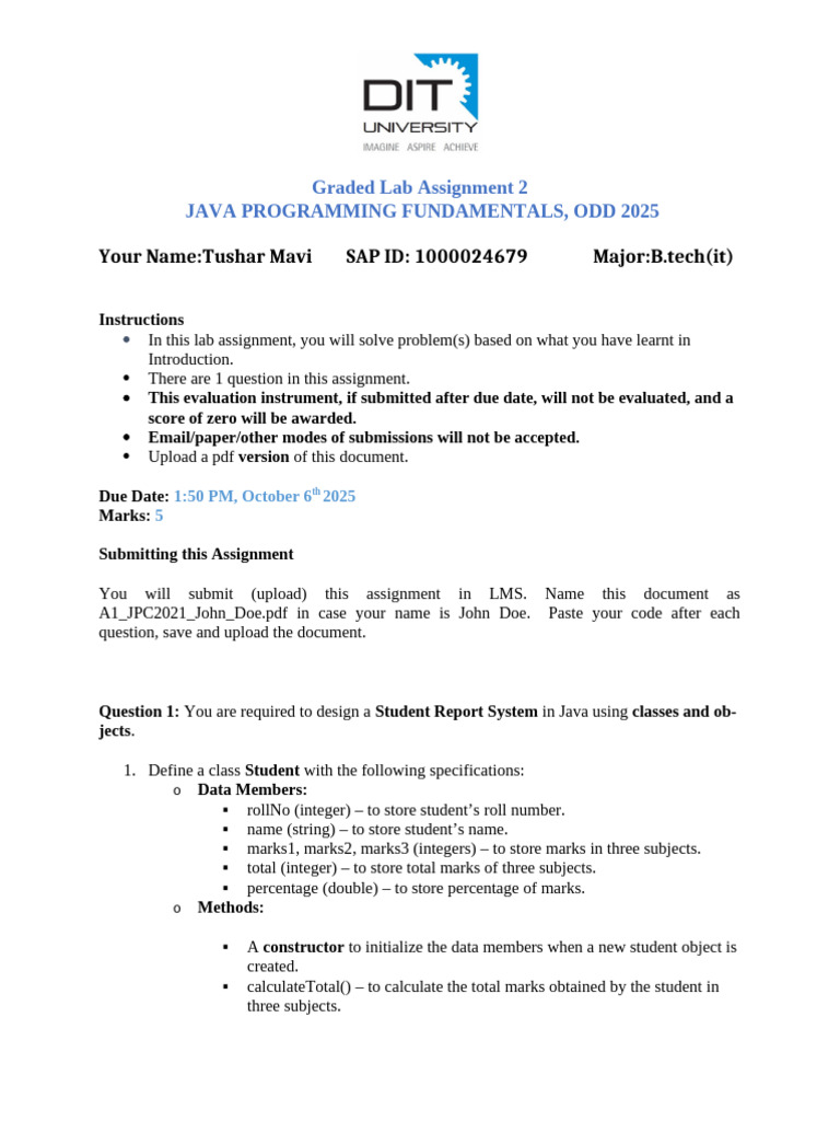 Graded Lab Assignment 2 TUshar Mavi | PDF | Method (Computer Programming) | Computer Engineering