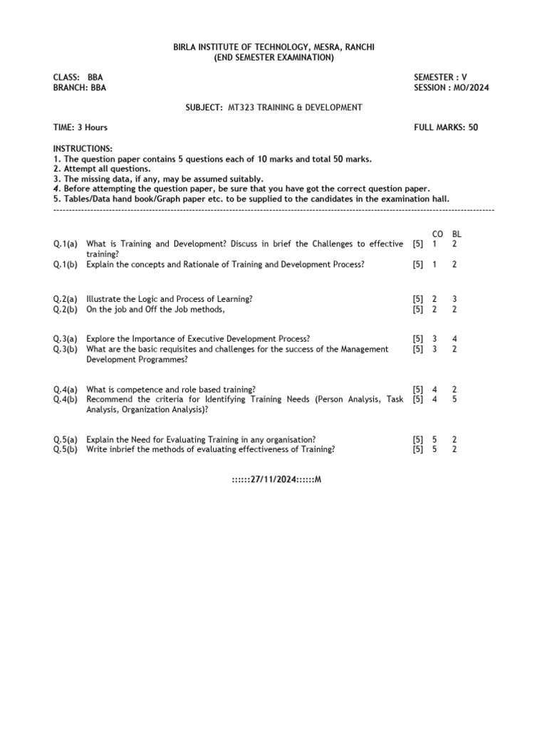 BBA Training & Development Exam Paper | PDF
