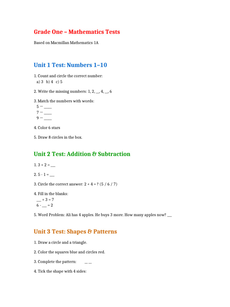 Grade 1 Math Tests: Numbers & Shapes | PDF