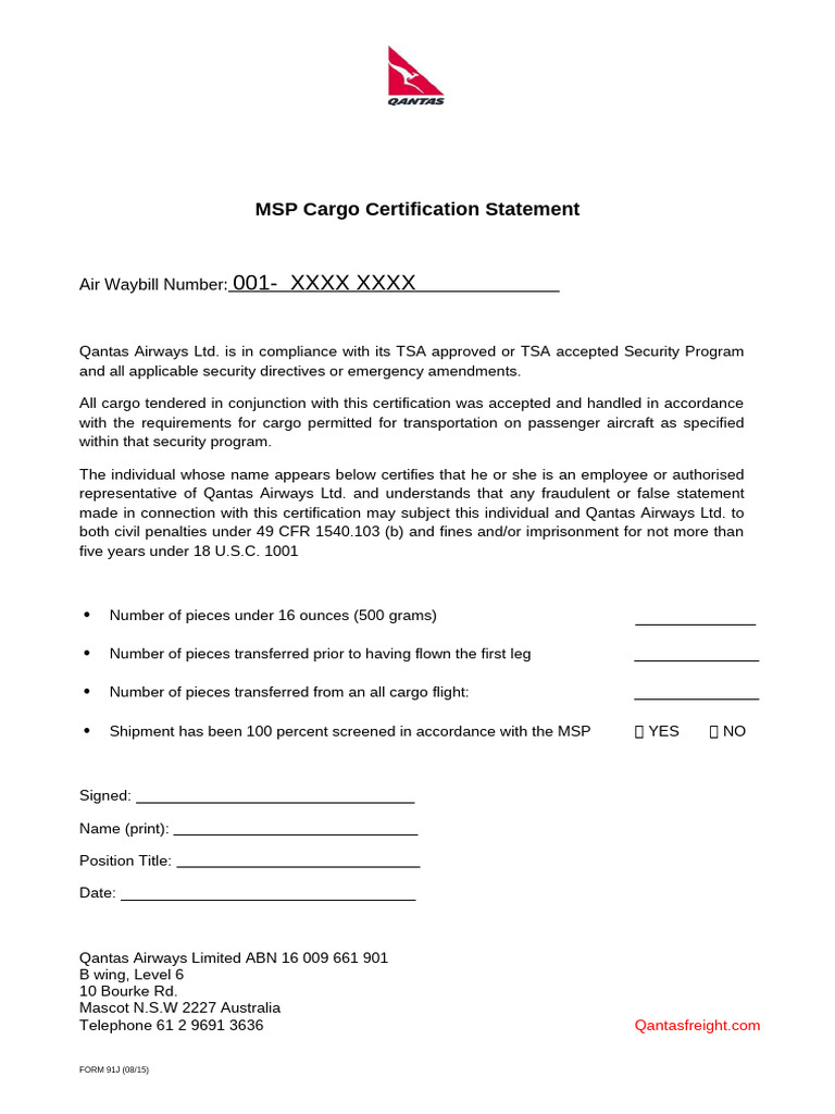 Qantas MSP Cargo Certification Statement | PDF