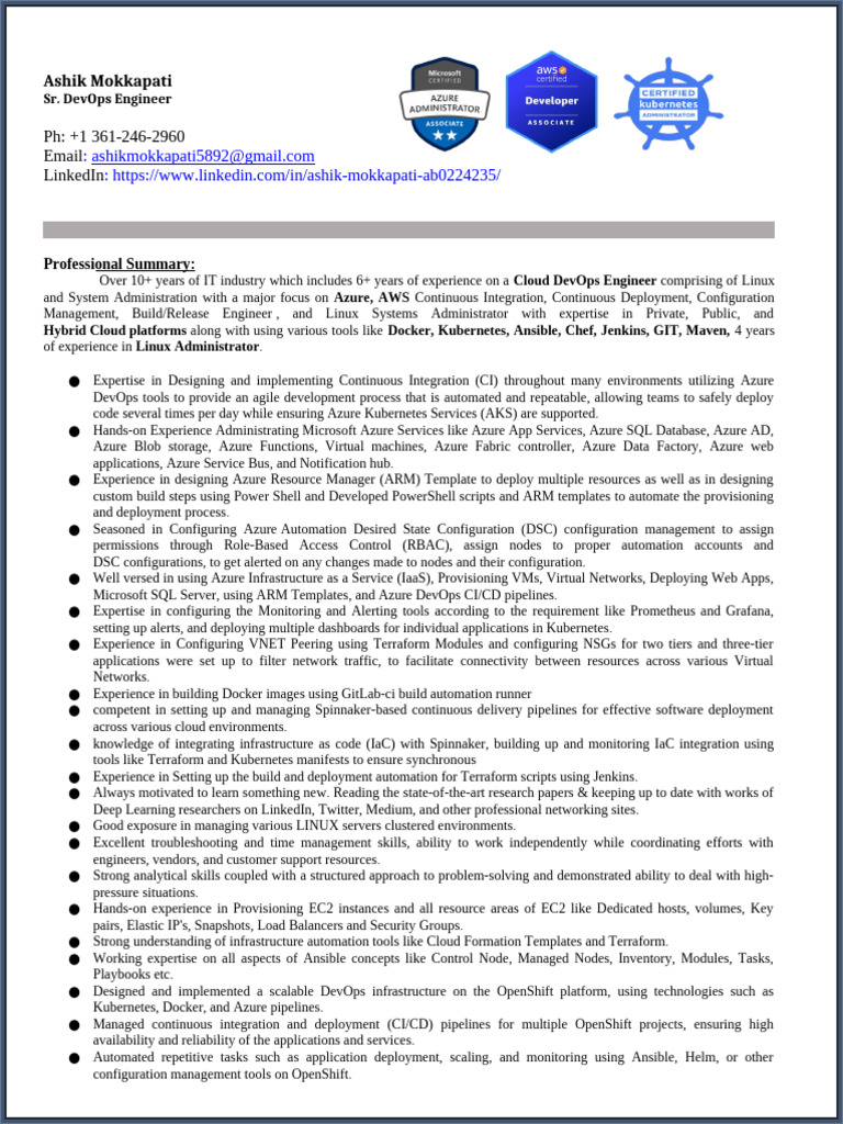 Ashik Mokkapati Devops Engineer Resume | PDF | Microsoft Azure | Cloud Computing