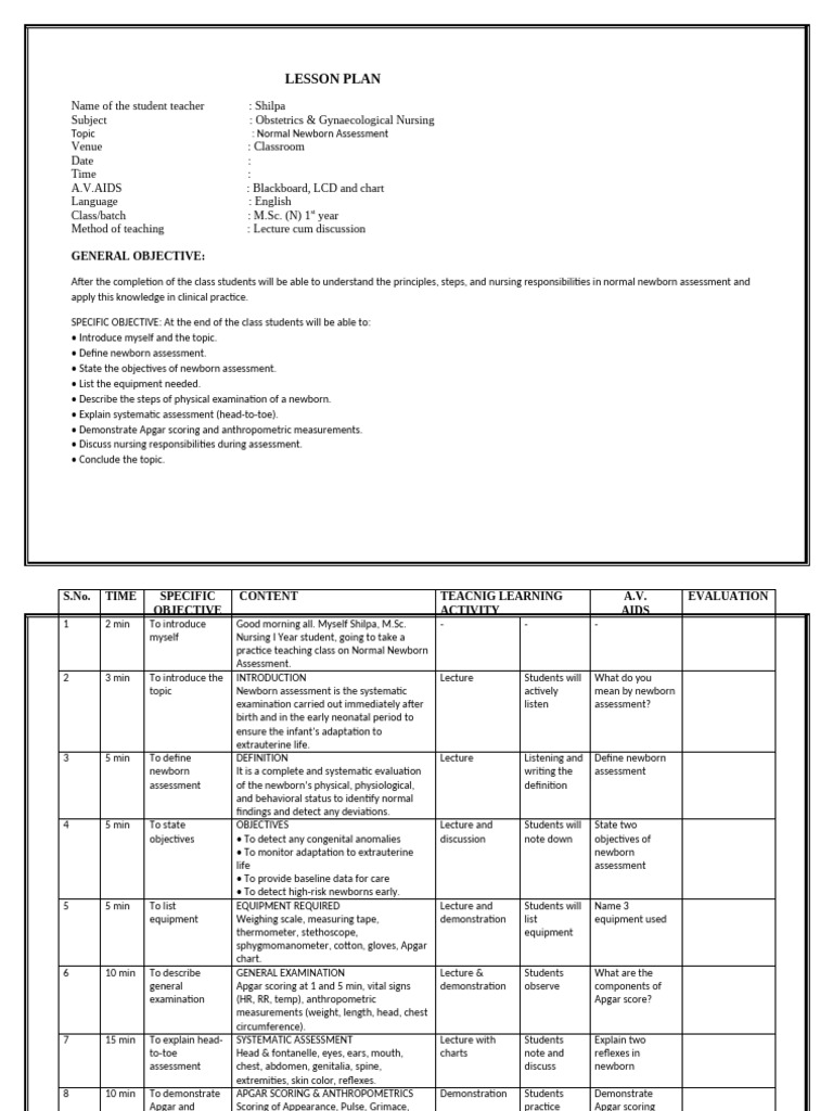 Lesson Plan Normal Newborn Assessment | PDF | Medical Specialties