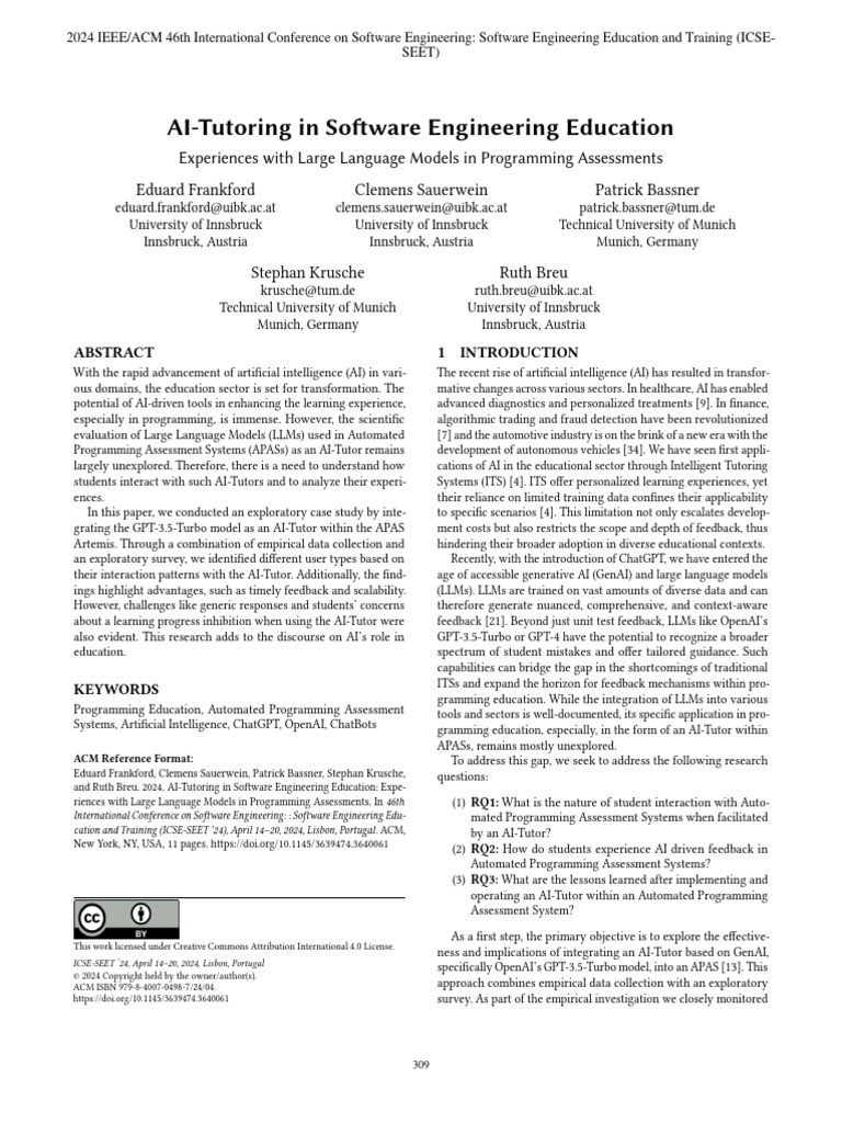AI-Tutoring in Software Engineering Education Experiences With Large ...