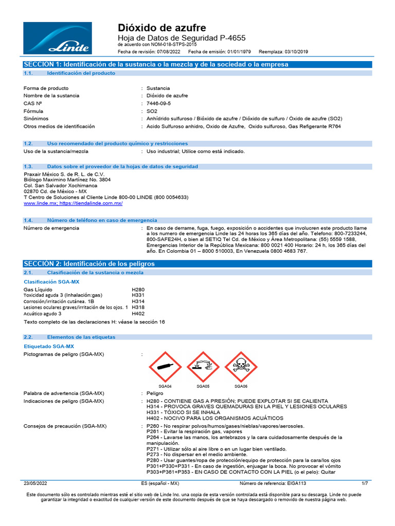 Msds de So2 Linde | PDF | Agua | Dióxido de azufre