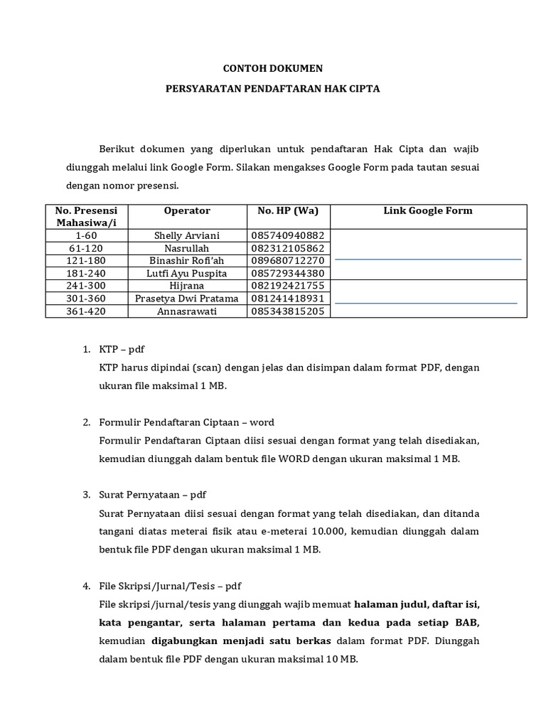Contoh Dokumen Persyaratan Pendaftaran Hak Cipta | PDF