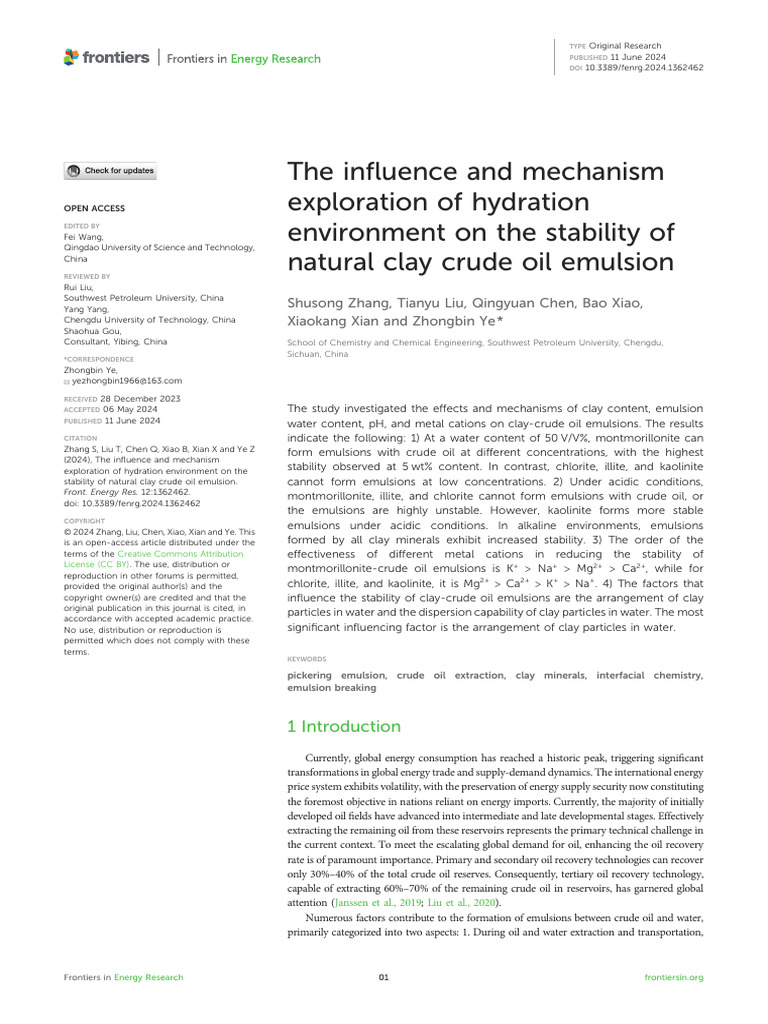 Hydration Effects on Clay-Crude Oil Emulsions | PDF | Emulsion | Clay