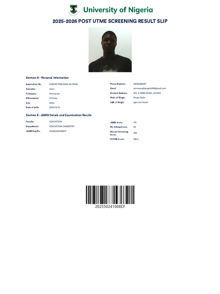 UNN 2025-26 POST UTME Result Slip | PDF