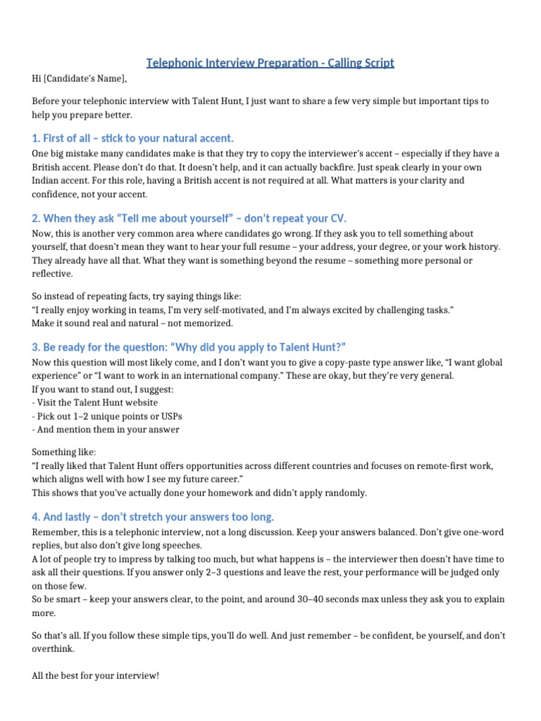 Telephonic Interview Preparation Script | PDF