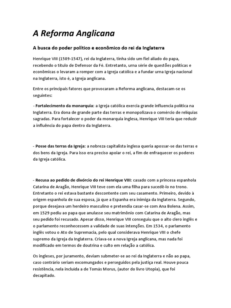 A Reforma Anglicana | PDF | Igreja da Inglaterra | Henry VIII da Inglaterra
