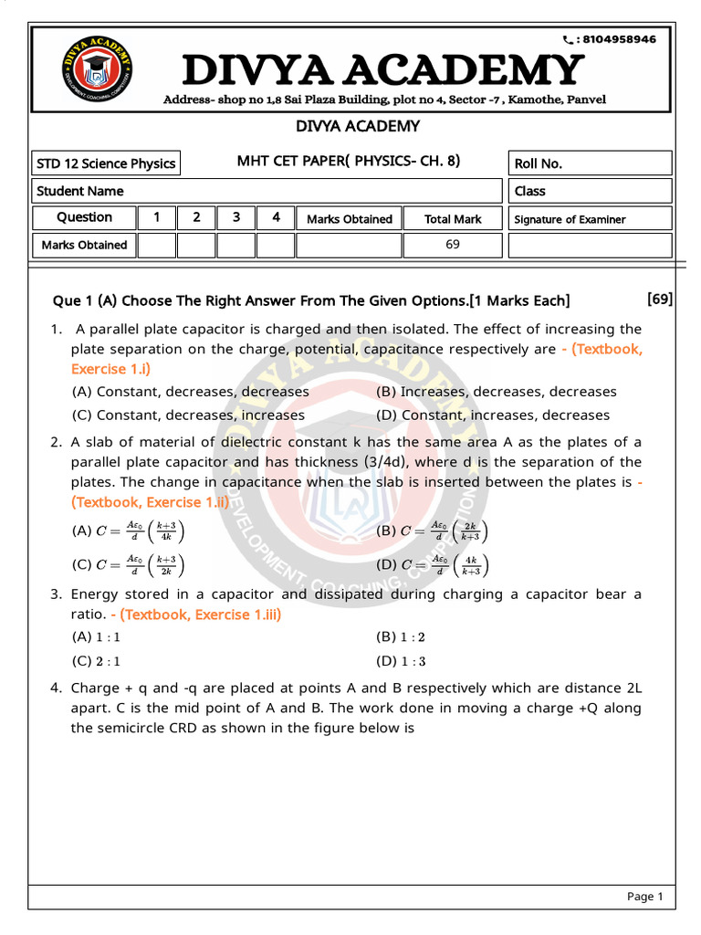 MHT Cet Phy Xii Sci Ch.8 QP | PDF | Capacitor | Capacitance