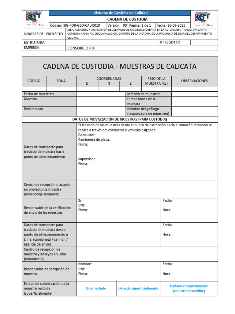 Sig-For-Geo-Cal-0010 Cadena de Custodia - Muestras de Calicata | PDF ...