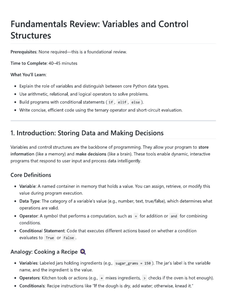 Fundamentals Review Variables and Control Structures | PDF