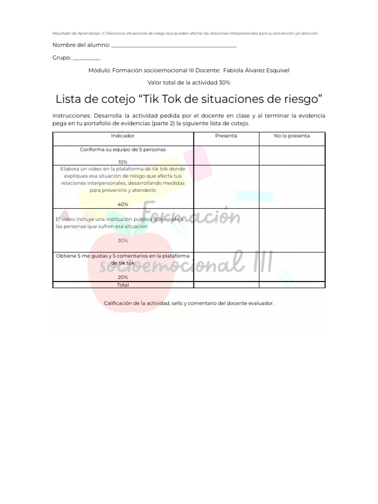 Lista de Cotejo para Tik Tok | PDF