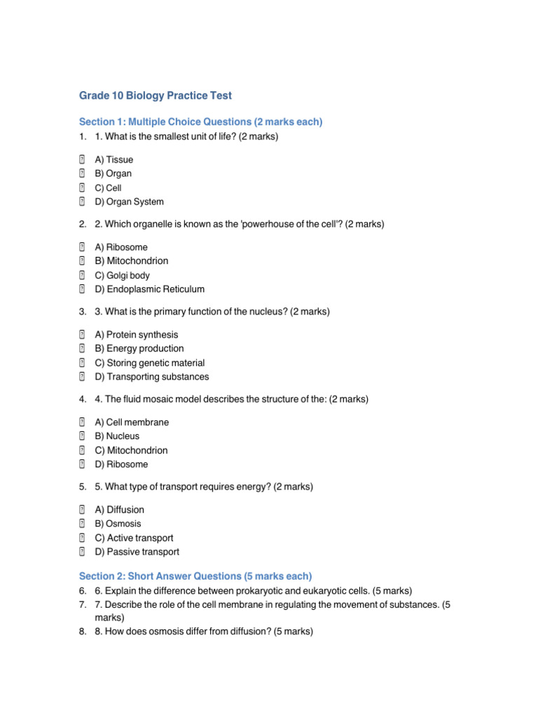 Cell Structure and Function Test | PDF